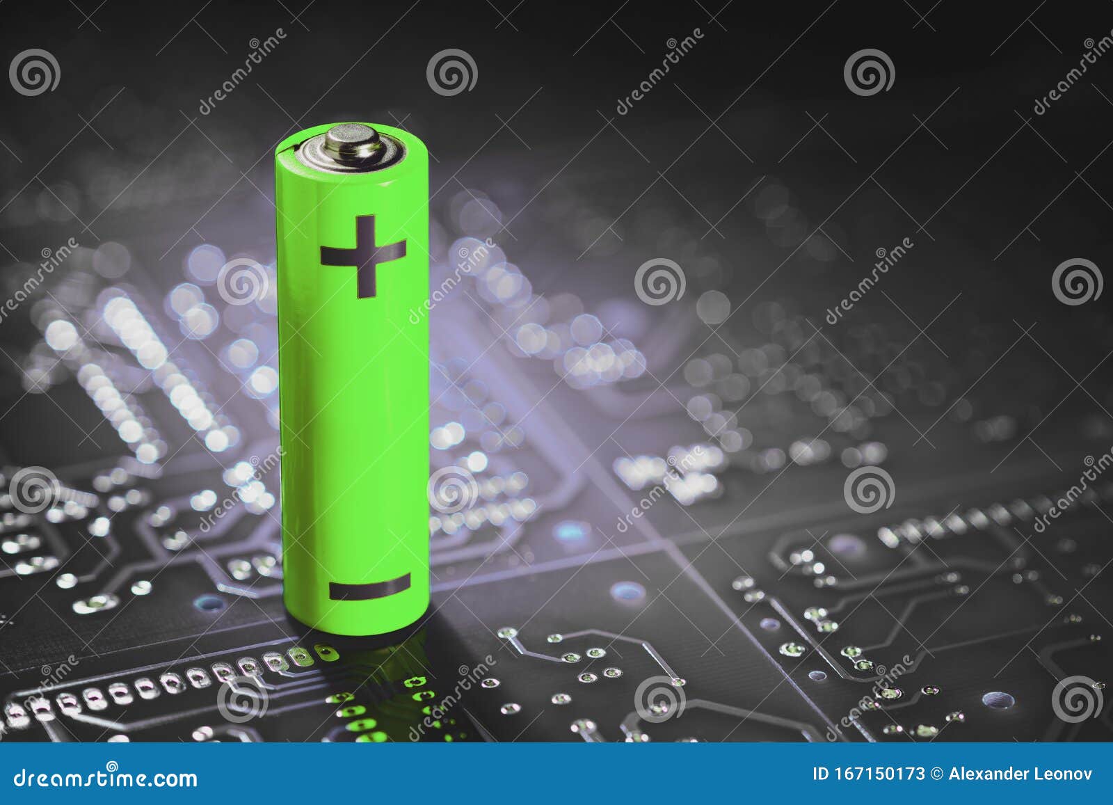 A Lithium-ion Battery Stands On The Background Of Electronic Circuit ...