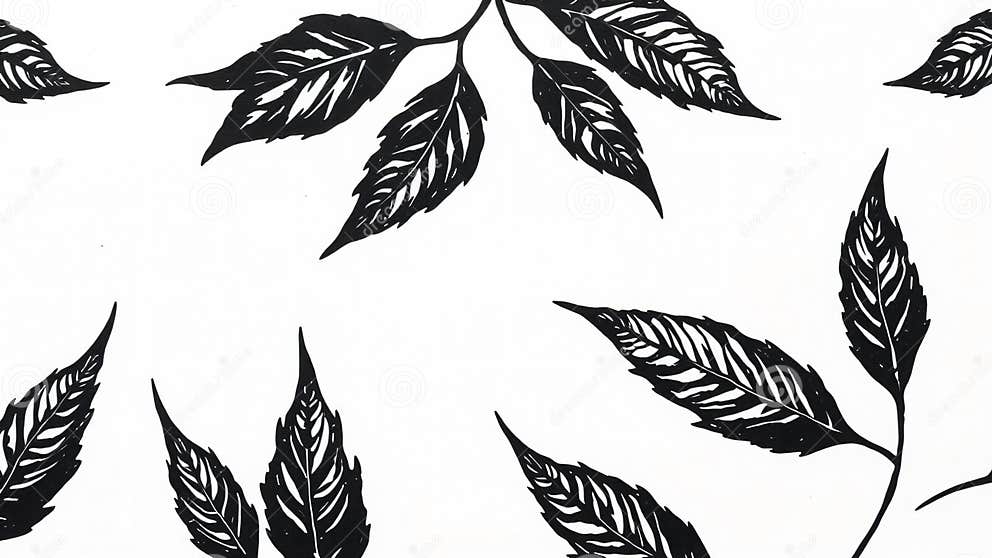 Lithographic Pattern of Several Black Leaves on White Paper Stock ...