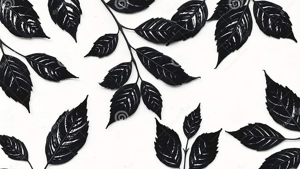 Lithographic Pattern of Several Black Leaves on White Paper Stock ...