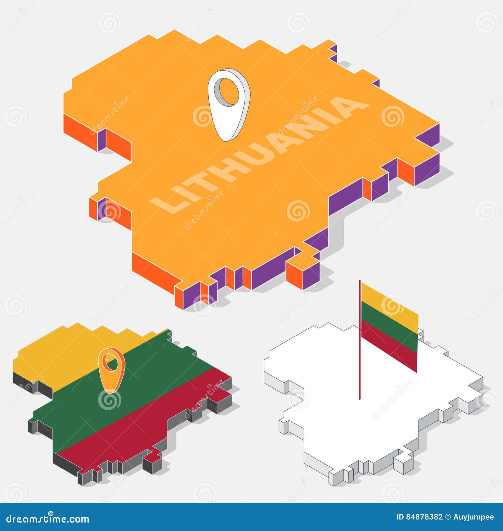 Lithuania Flags on Map Element and 3D Isometric Shape Isolated on ...