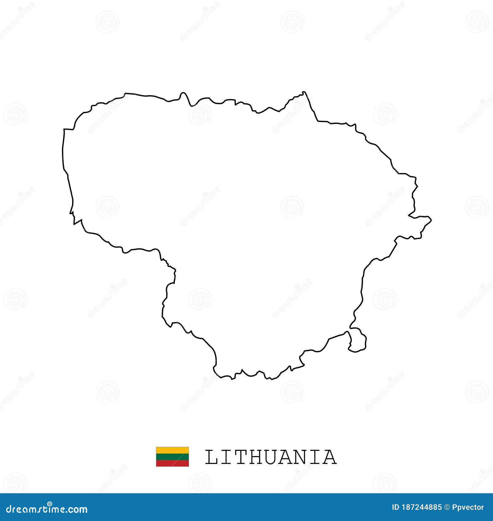 Lithuania Map Line, Linear Thin Vector Simple and Flag. Black on White ...