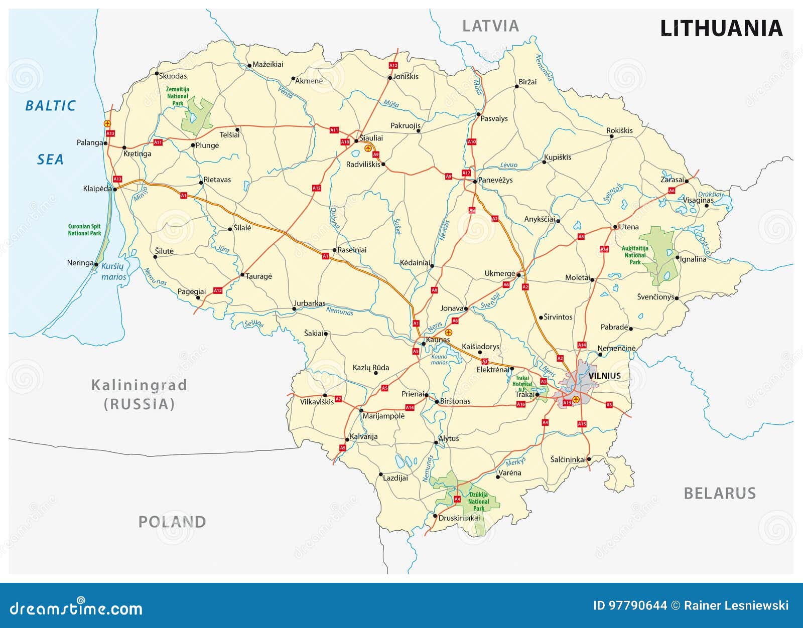 Lithuania Road and National Park Map Stock Illustration - Illustration ...