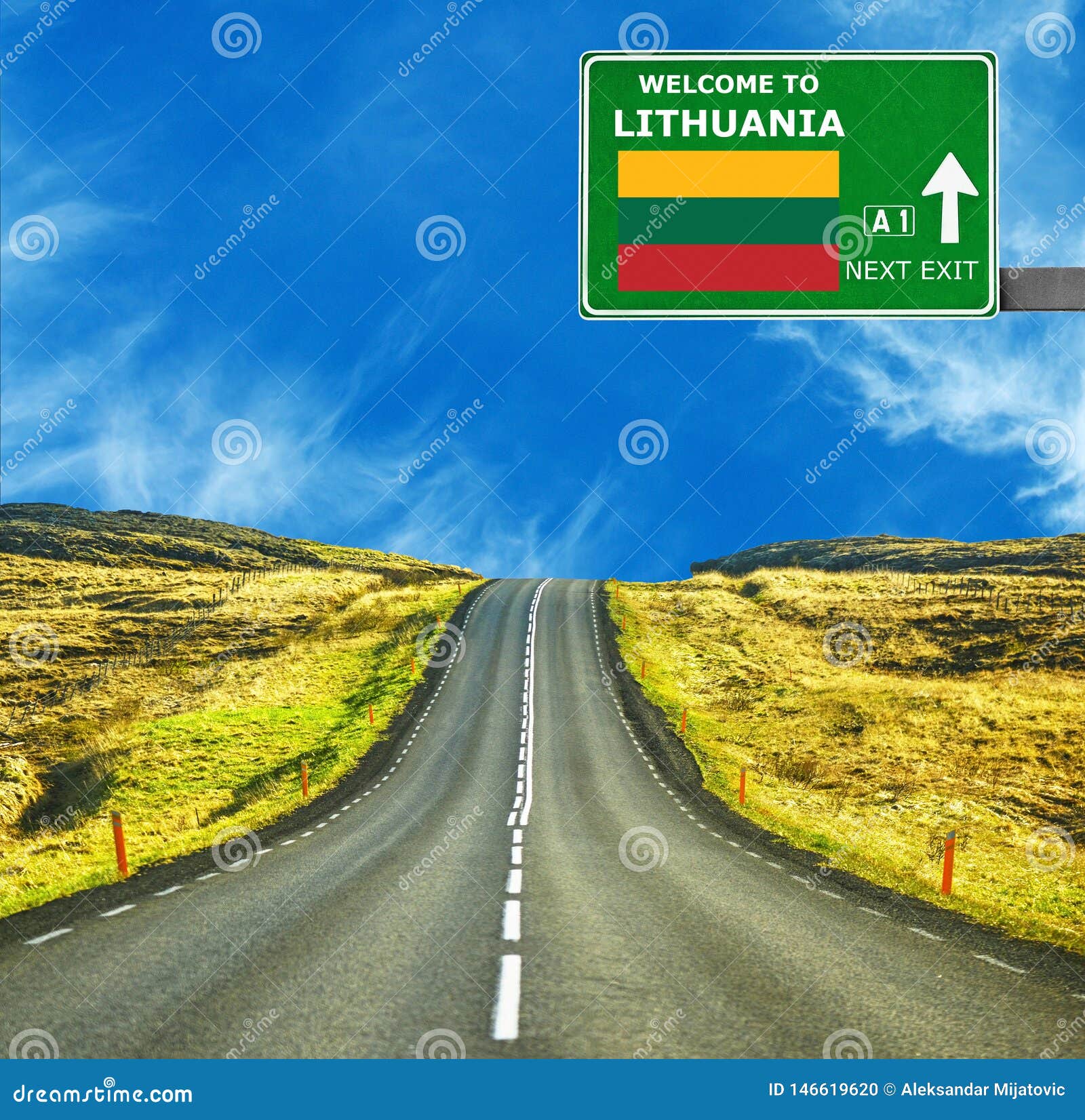 Lithuania Road Sign Against Clear Blue Sky Stock Photo - Image of ...