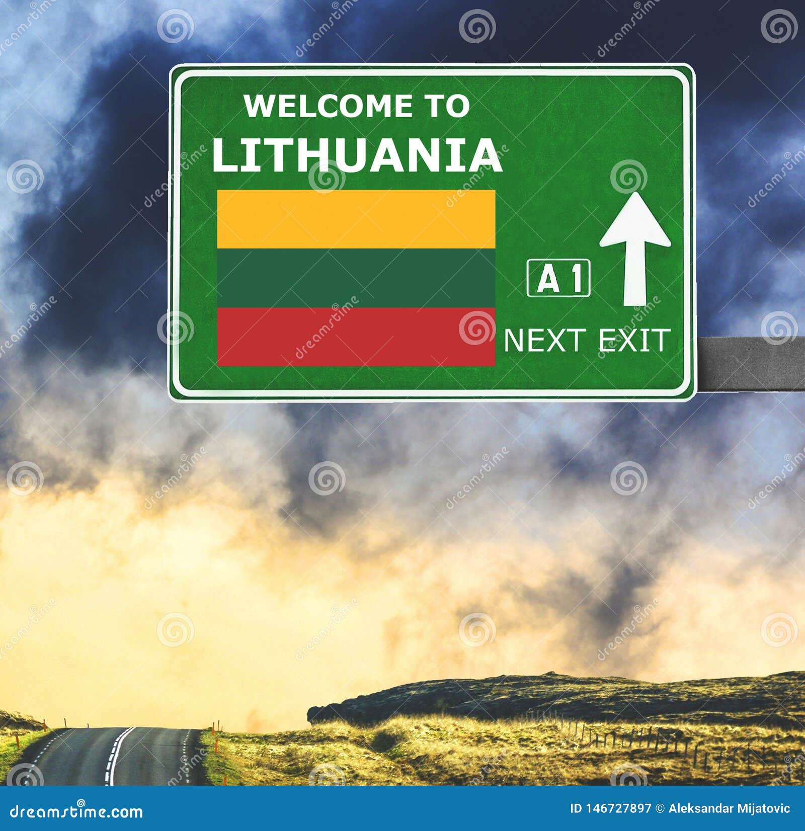 Lithuania Road Sign Against Clear Blue Sky Stock Image - Image of path ...
