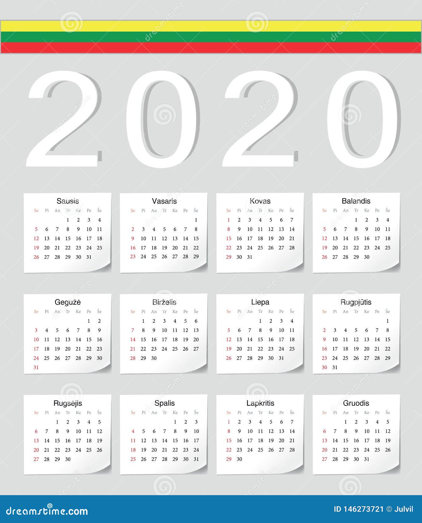 Lithuanian 2020 calendar stock vector. Illustration of corner - 146273721
