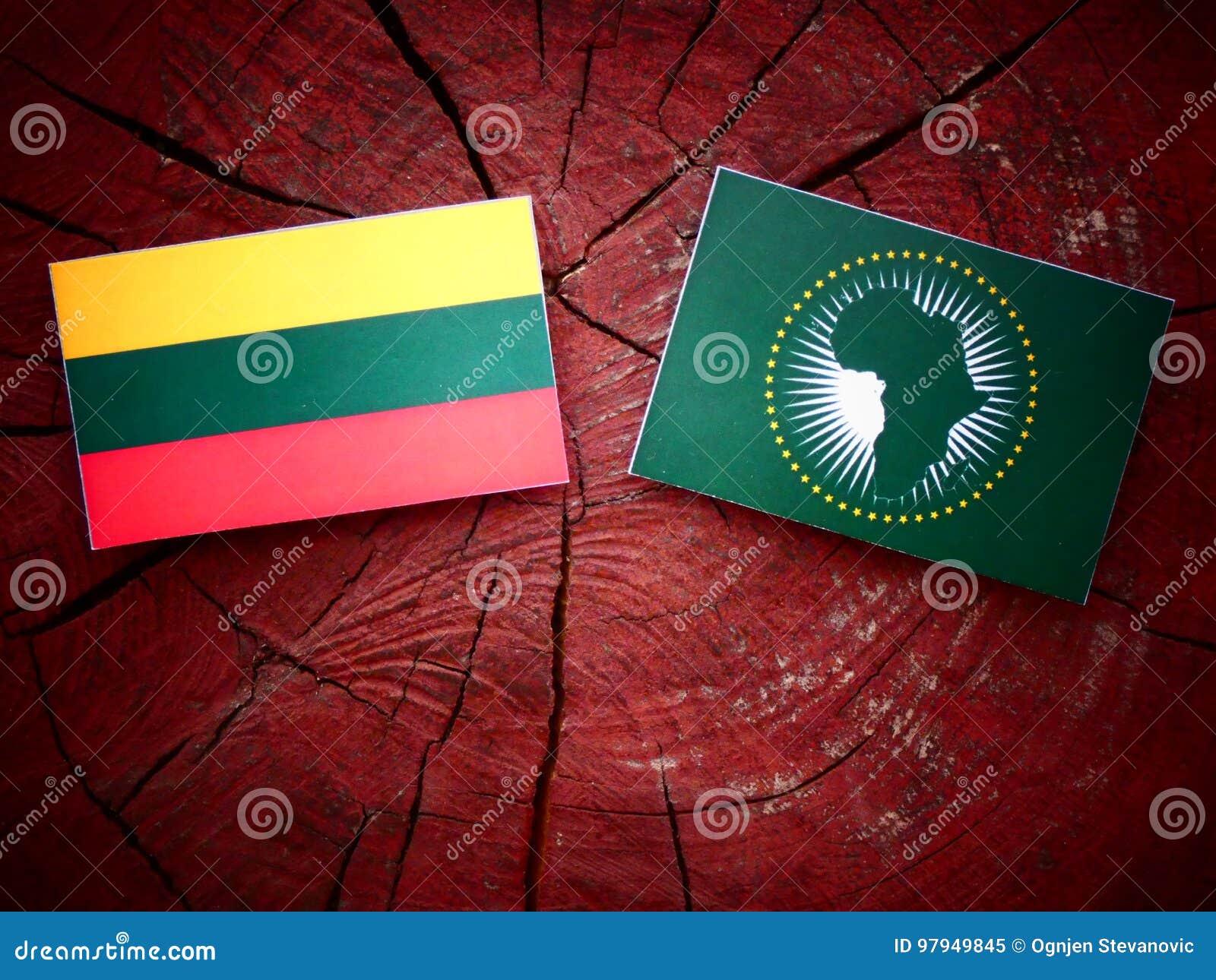 Lithuanian Flag with African Union Flag on a Tree Stump Stock Image ...