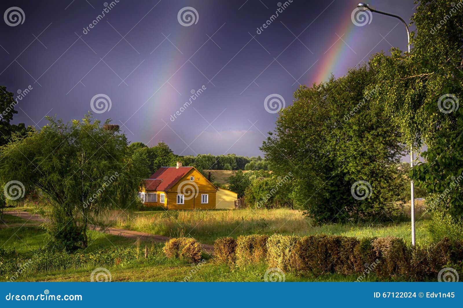 Lithuanian Rustic Old Yellow House,RainBow Stock Photo - Image of ...