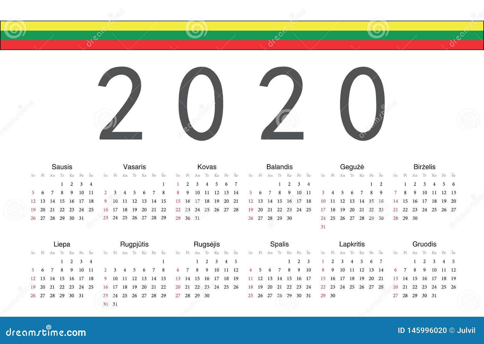 Lithuanian 2020 Year Vector Calendar Stock Vector - Illustration of ...