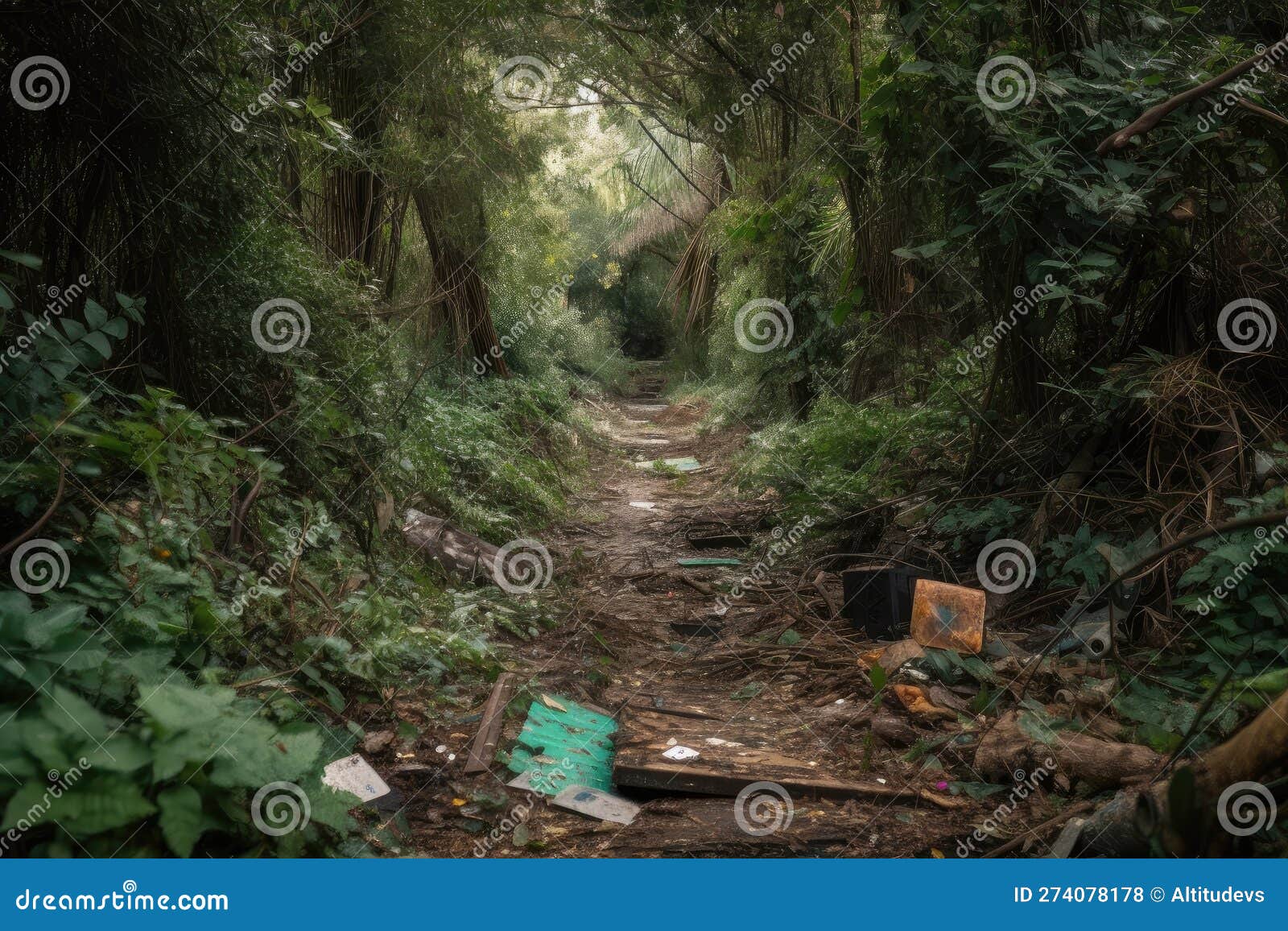 Litter-strewn Path Leads through Lush Forest, Contrasting with ... Litter-strewn Path Leads through Lush Forest, Contrasting with ...