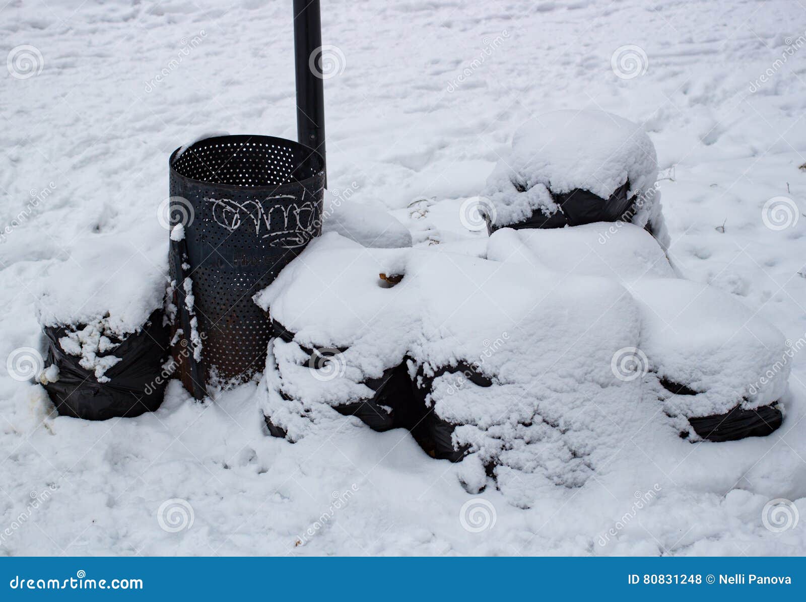 Litter and Trash Bags Under Snow in Winter Stock Photo - Image of clean ...