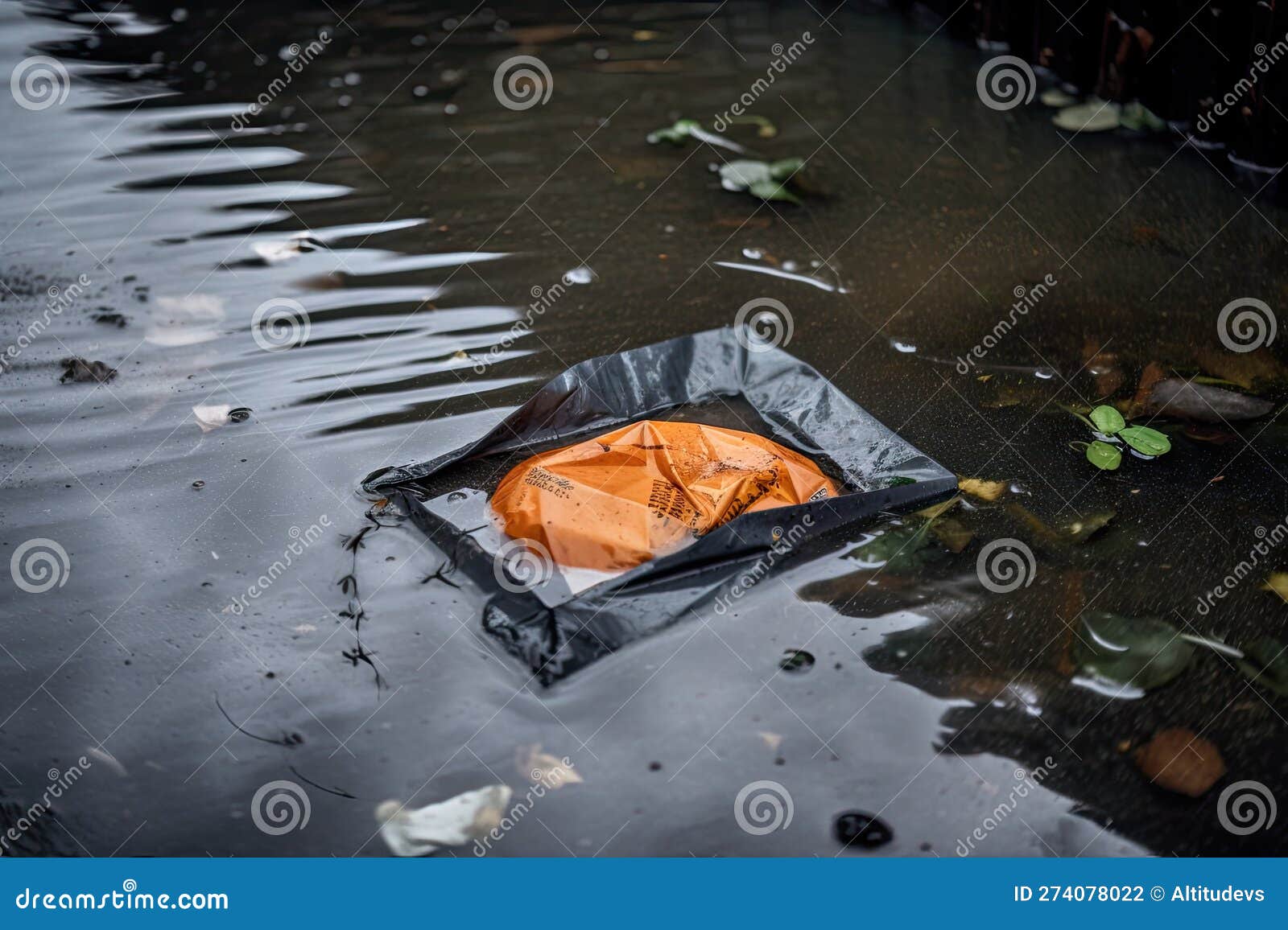 Litterbag Floating in Storm Drain, with Raindrops on the Surface Stock ...