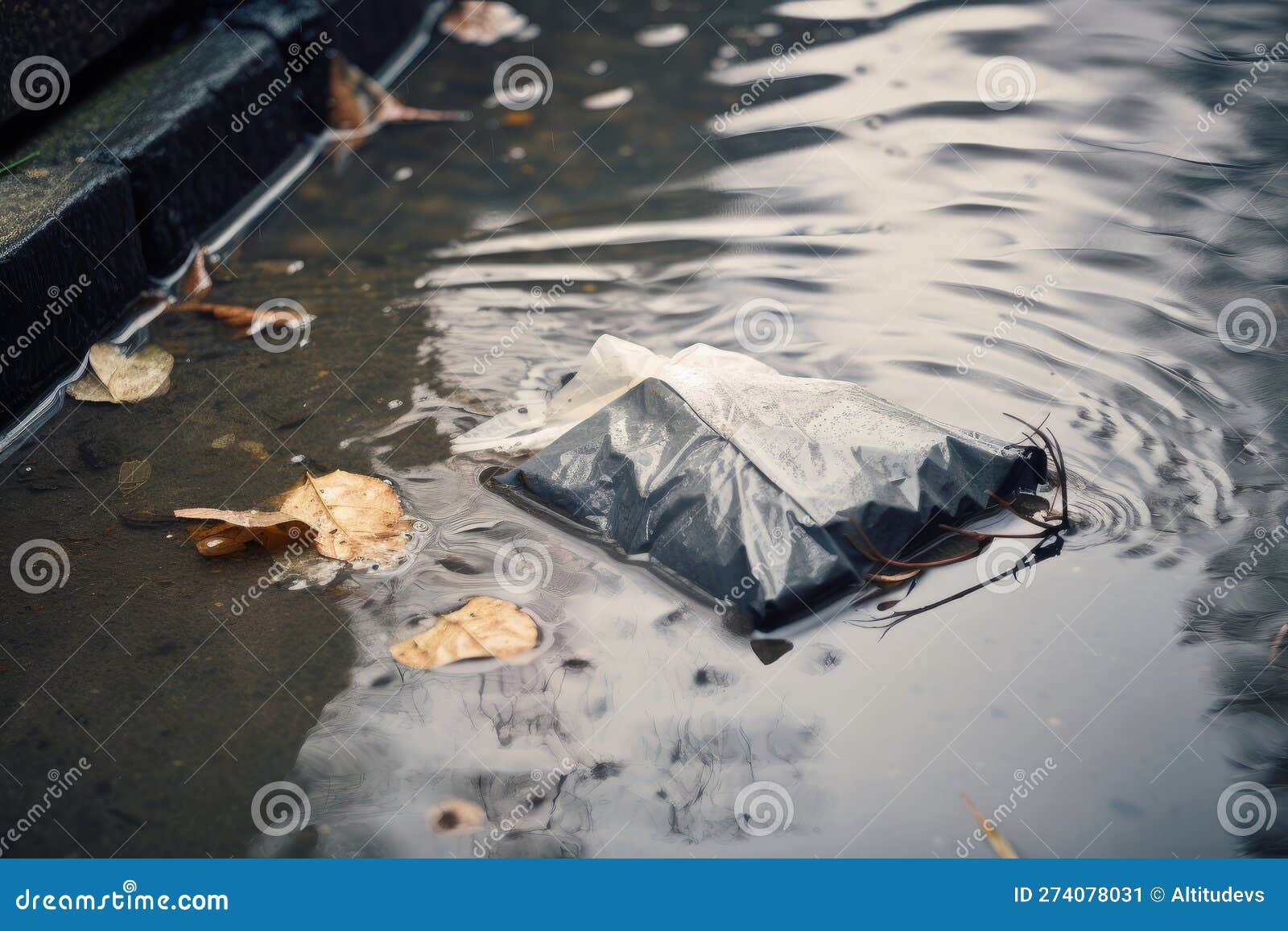 Litterbag Floating in Storm Drain, with Raindrops on the Surface Stock ...
