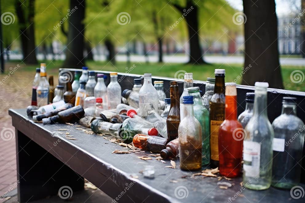 Littered Empty Alcohol Bottles on a Park Bench Stock Image - Image of ...