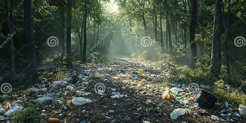 Littered Forest Pathway Highlighting Environmental Pollution Issues ...