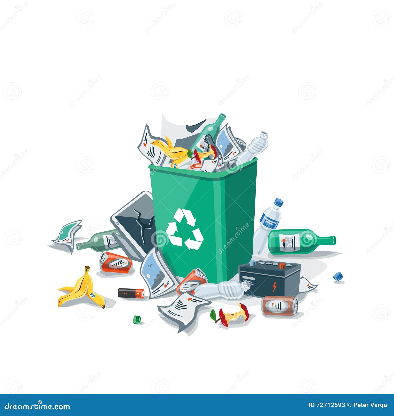 Littering Garbage Around the Trash Bin Isolated on White Background ...