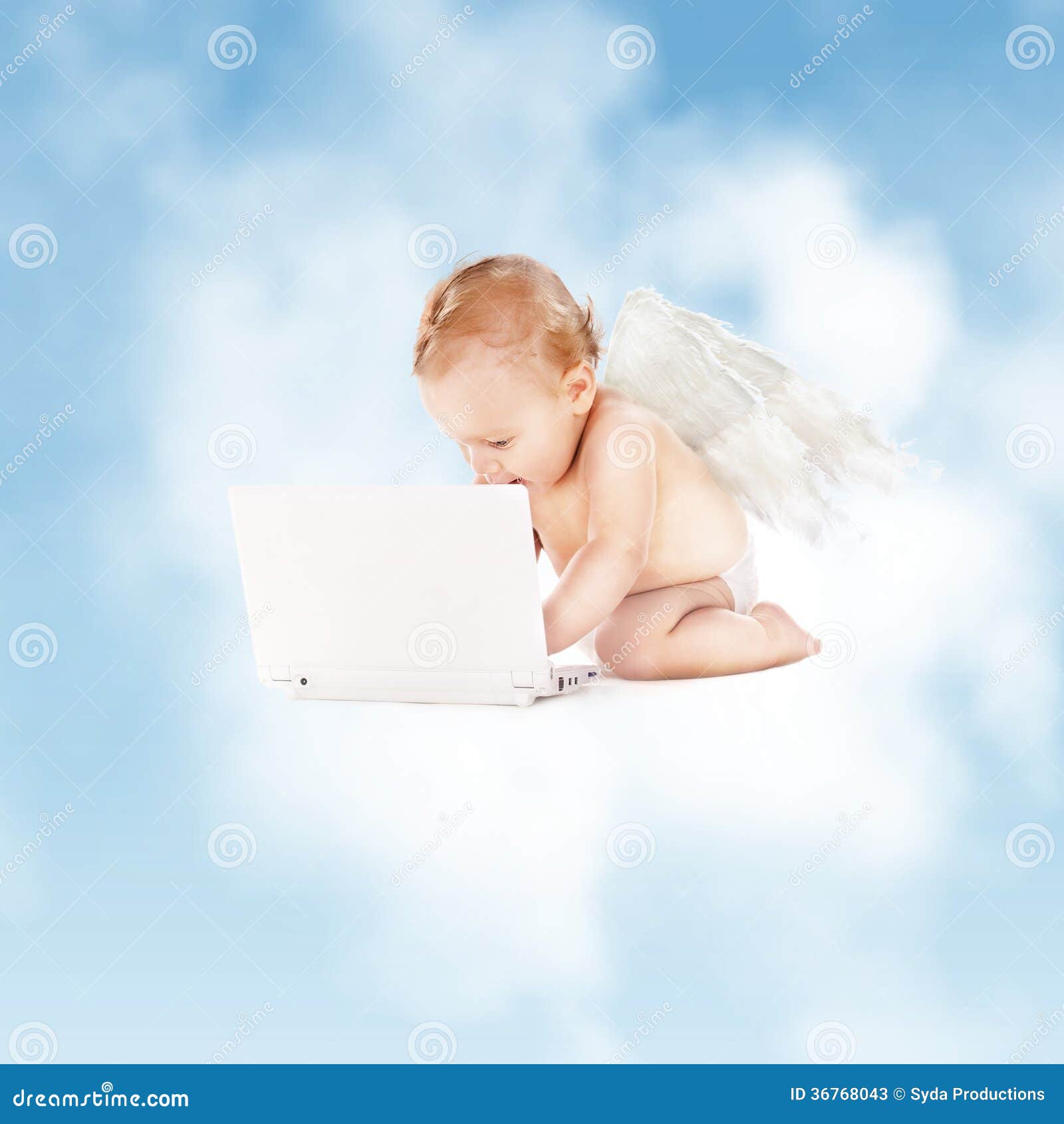 Little Angel with Laptop Computer Stock Image - Image of diaper, bright ...