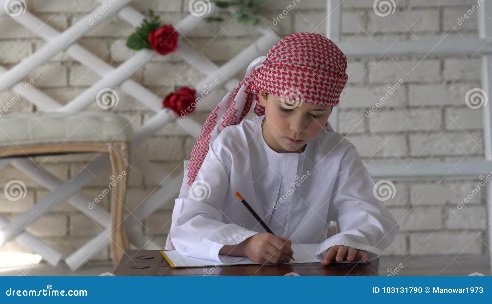 Little Arabic Boy Studying at School. Stock Photo - Image of education ...