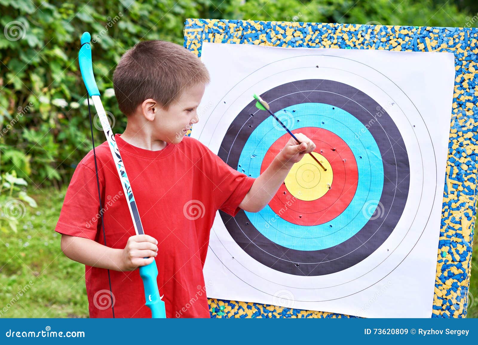 Little Archer with Bow Pull Out Arrow from Aim Stock Image - Image of ...