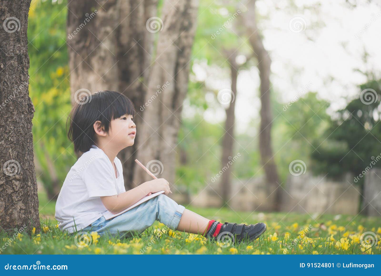 Little Asian Boy Sitting Under the Tree and Drawing in Notebook Stock ...