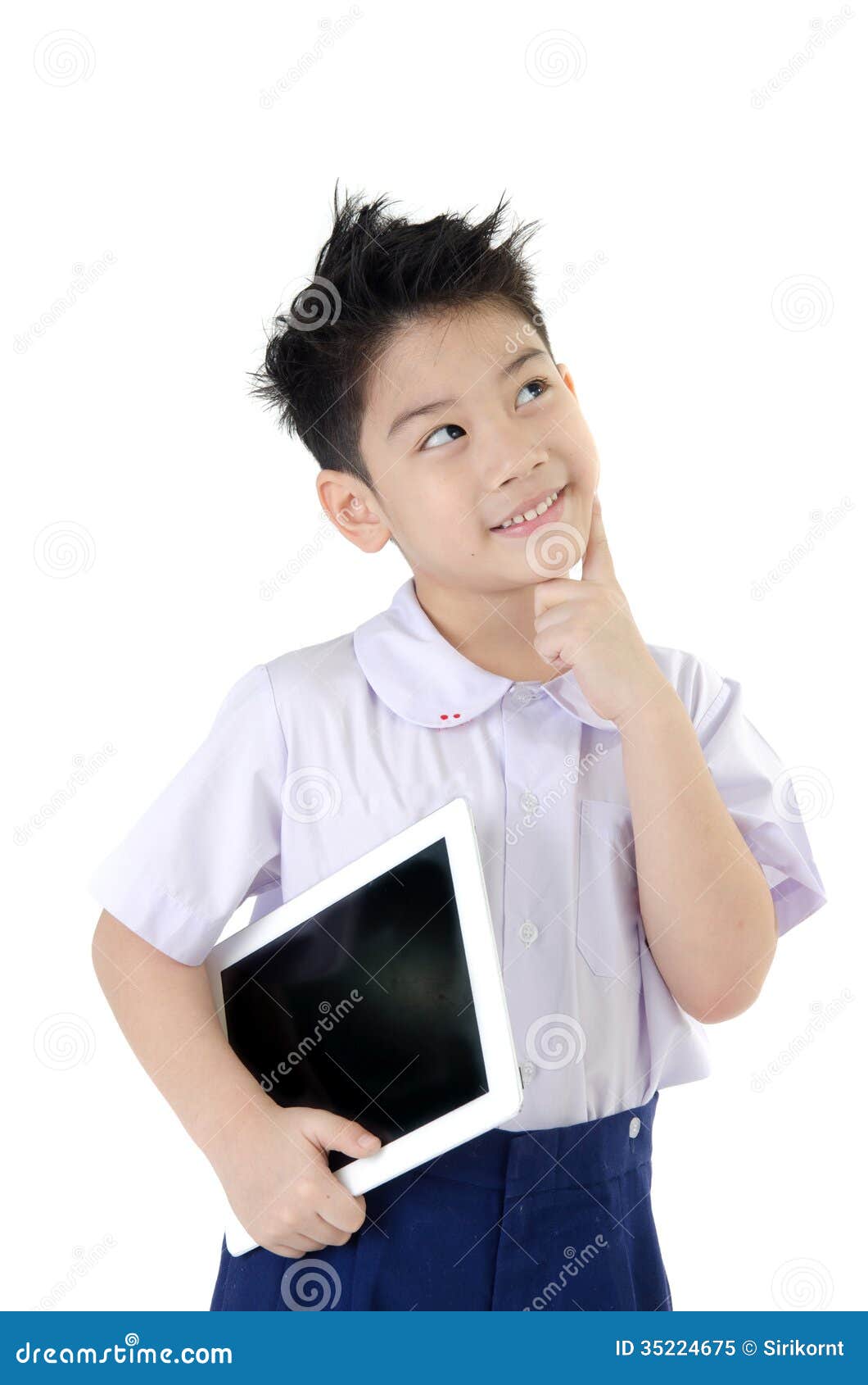 Little Asian Boy in Student S Uniform with Tablet Computer on is Stock ...