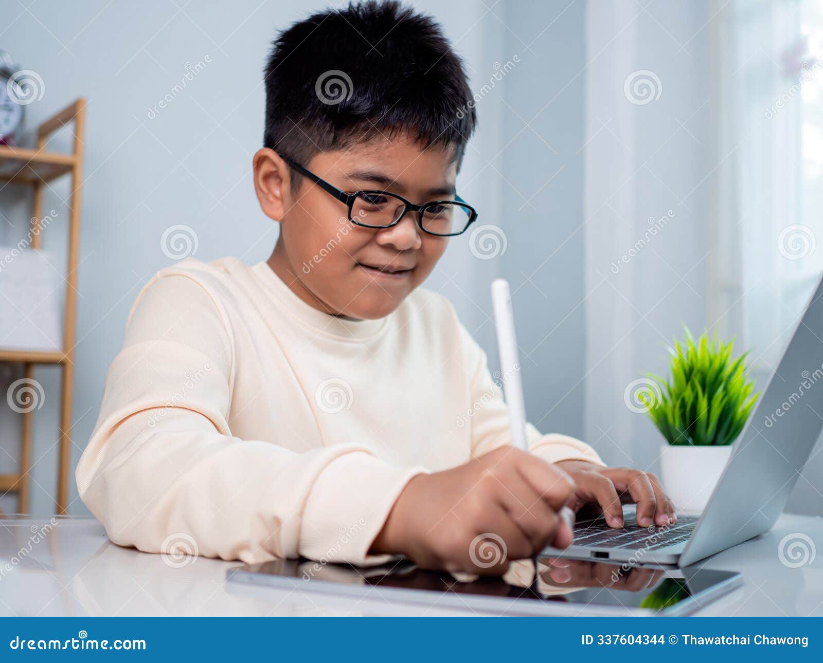 Little Asian Boy Student Using Computer Laptop Learning. Educational of ...