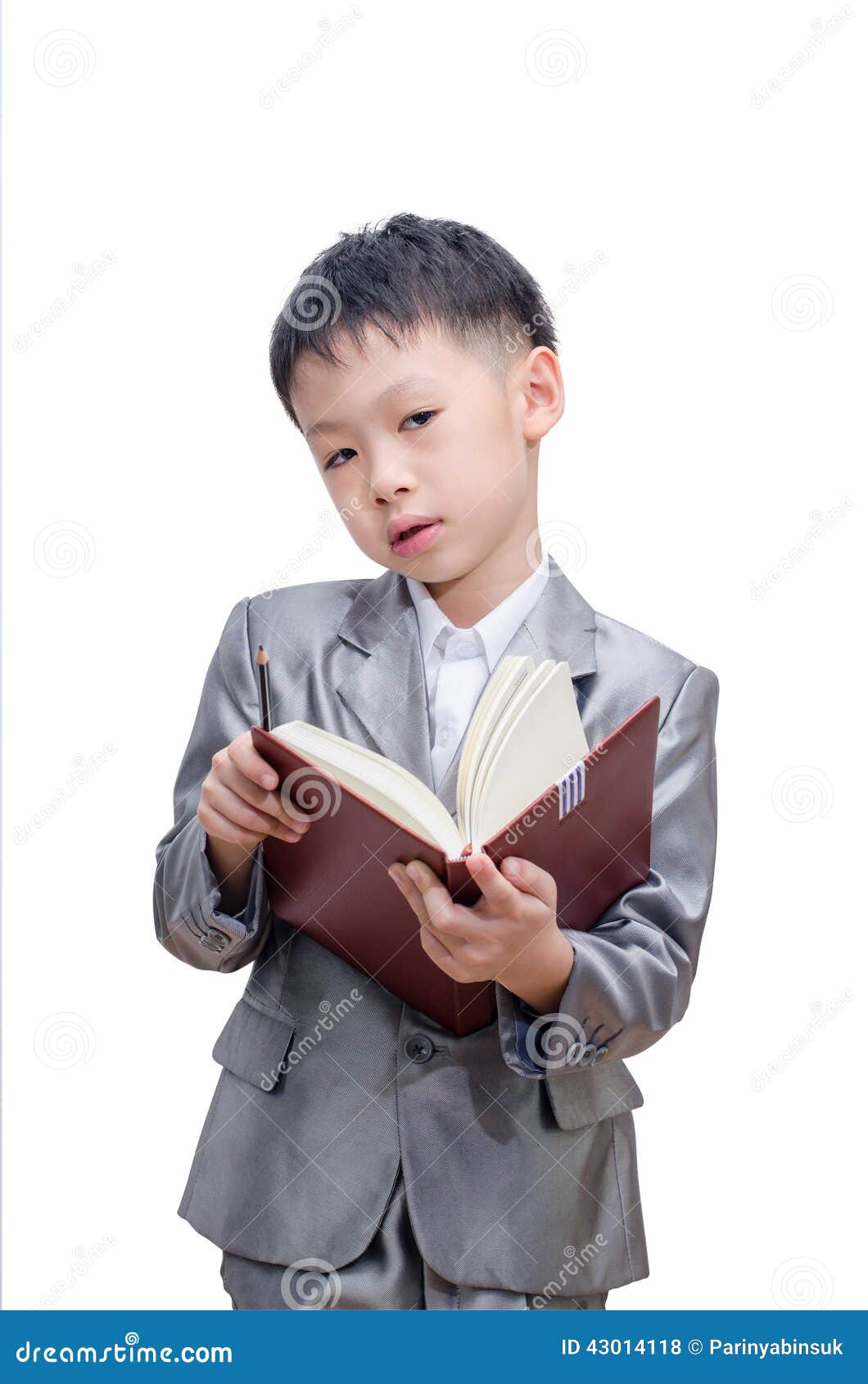 Little Asian Boy In Suit Standing With A Diary Stock Photo - Image of ...