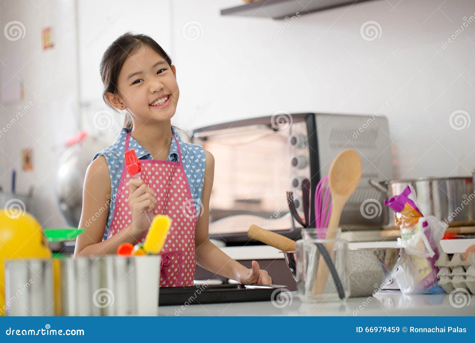 Little Asian Cute Chef Cooking a Bakery in Kitchen Stock Image - Image ...
