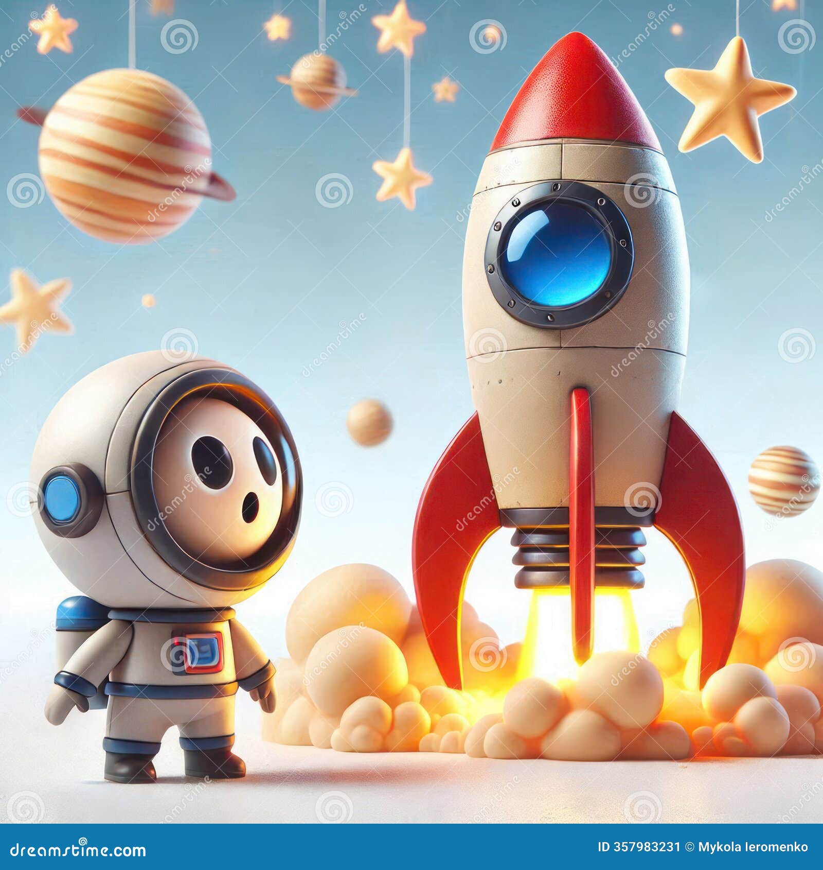 A Little Astronaut and a Rocket Taking Off among the Planets. Stock ...