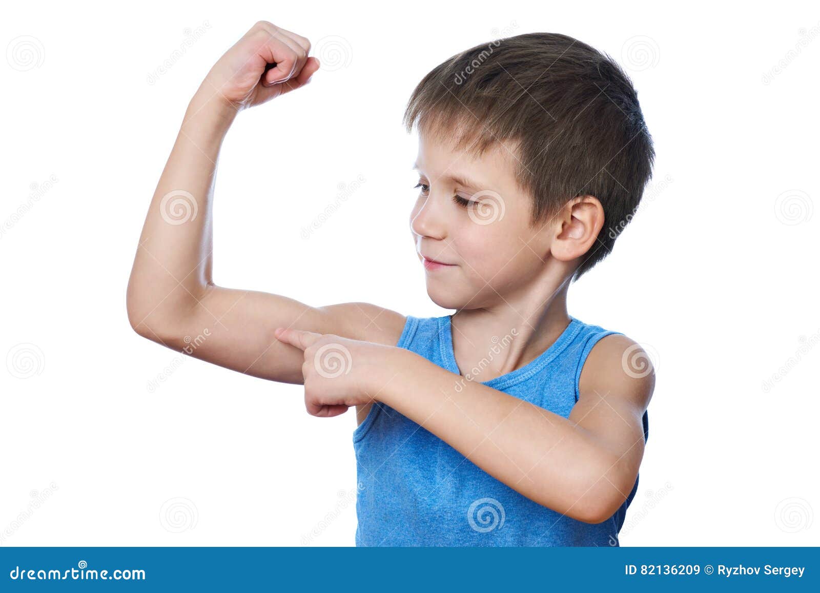 Little Athletic Boy Looking at Biceps Muscle Isolated Stock Image ...