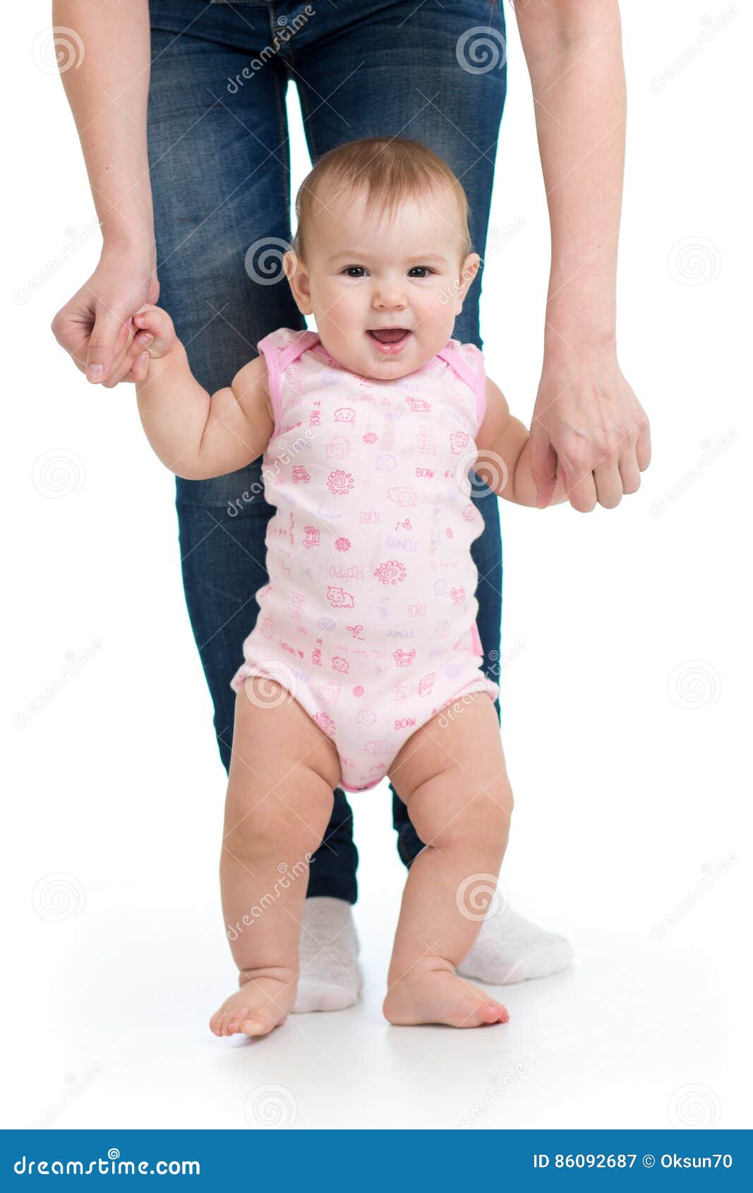 Little Baby Boy Doing First Steps with Mother Support Stock Image ...