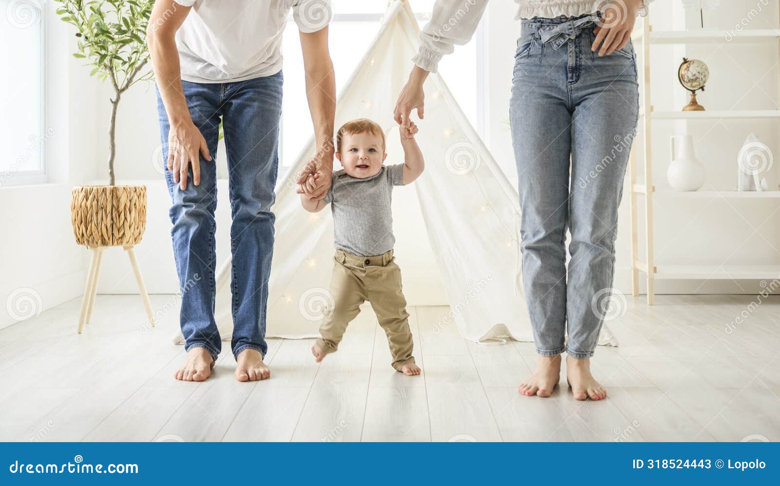 Little Baby Boy First Steps with the Help of Parent Stock Image - Image ...