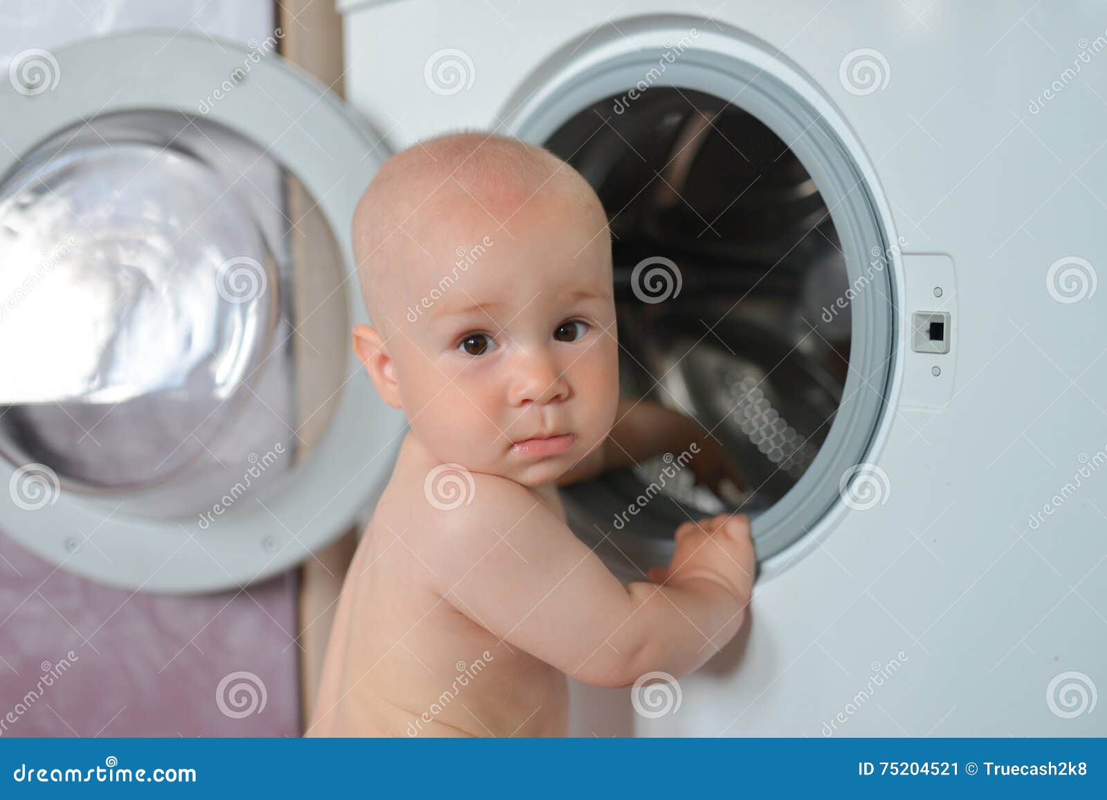 Little Baby Boy Playing with Washing Machine Stock Image - Image of ...