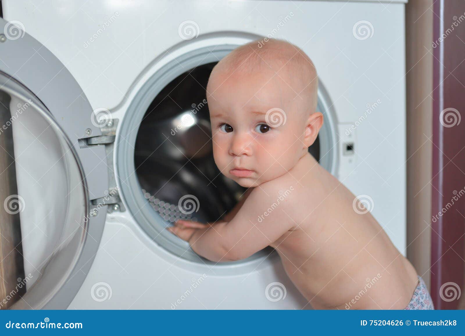 Little Baby Boy Playing with Washing Machine Stock Photo - Image of ...