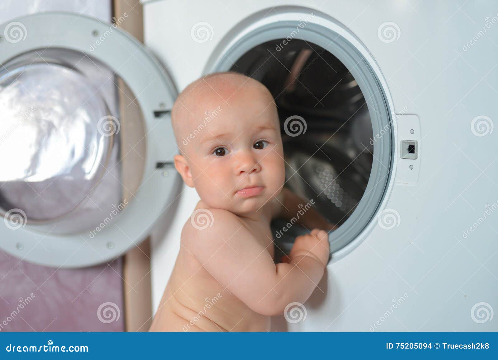 Little Baby Boy Playing with Washing Machine Stock Photo - Image of ...