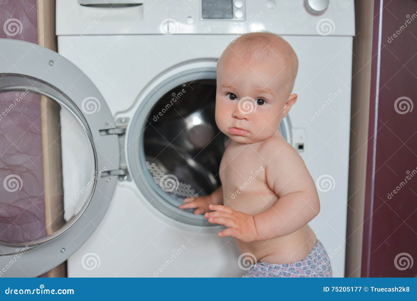 Little Baby Boy Playing with Washing Machine Stock Image - Image of ...