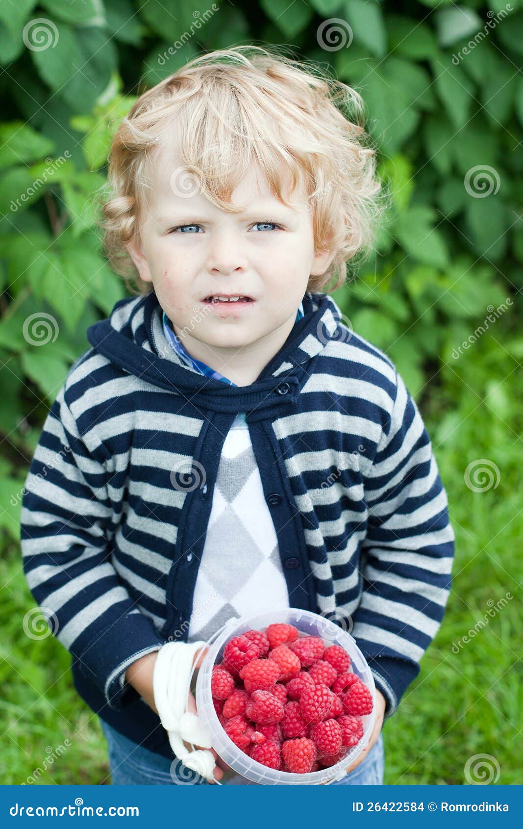 Little Baby Boy with Raspberry Bucket in Hands Stock Photo - Image of ...