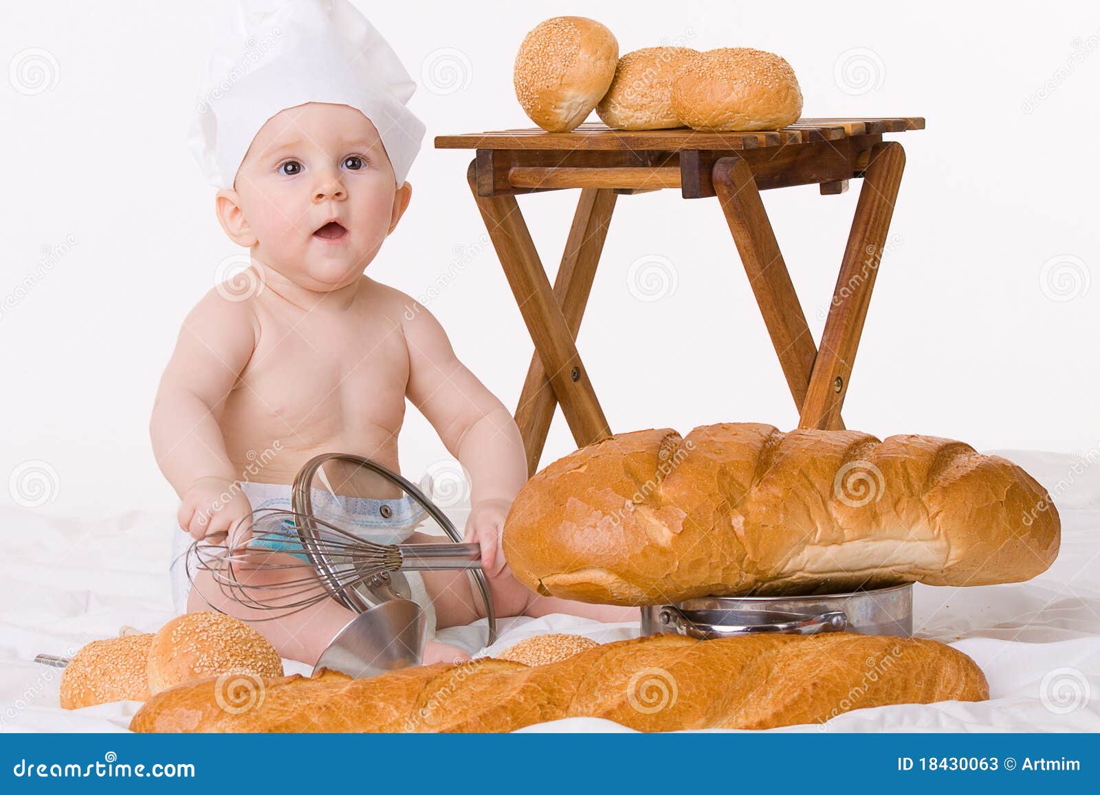 Little Baby Chef with Bread Over White Stock Image - Image of small ...