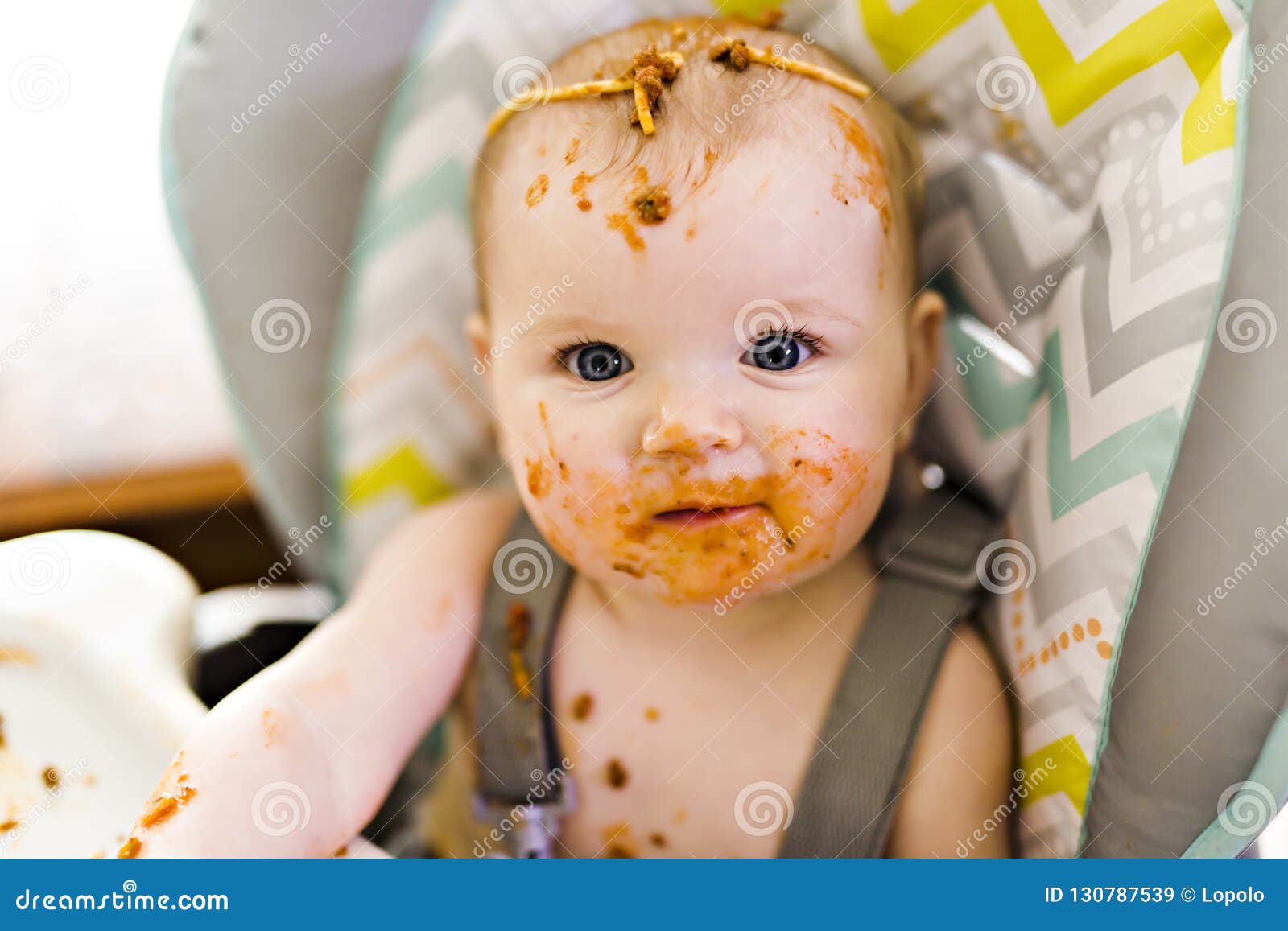 Little Baby Eating Her Dinner and Making a Mess Stock Image - Image of ...