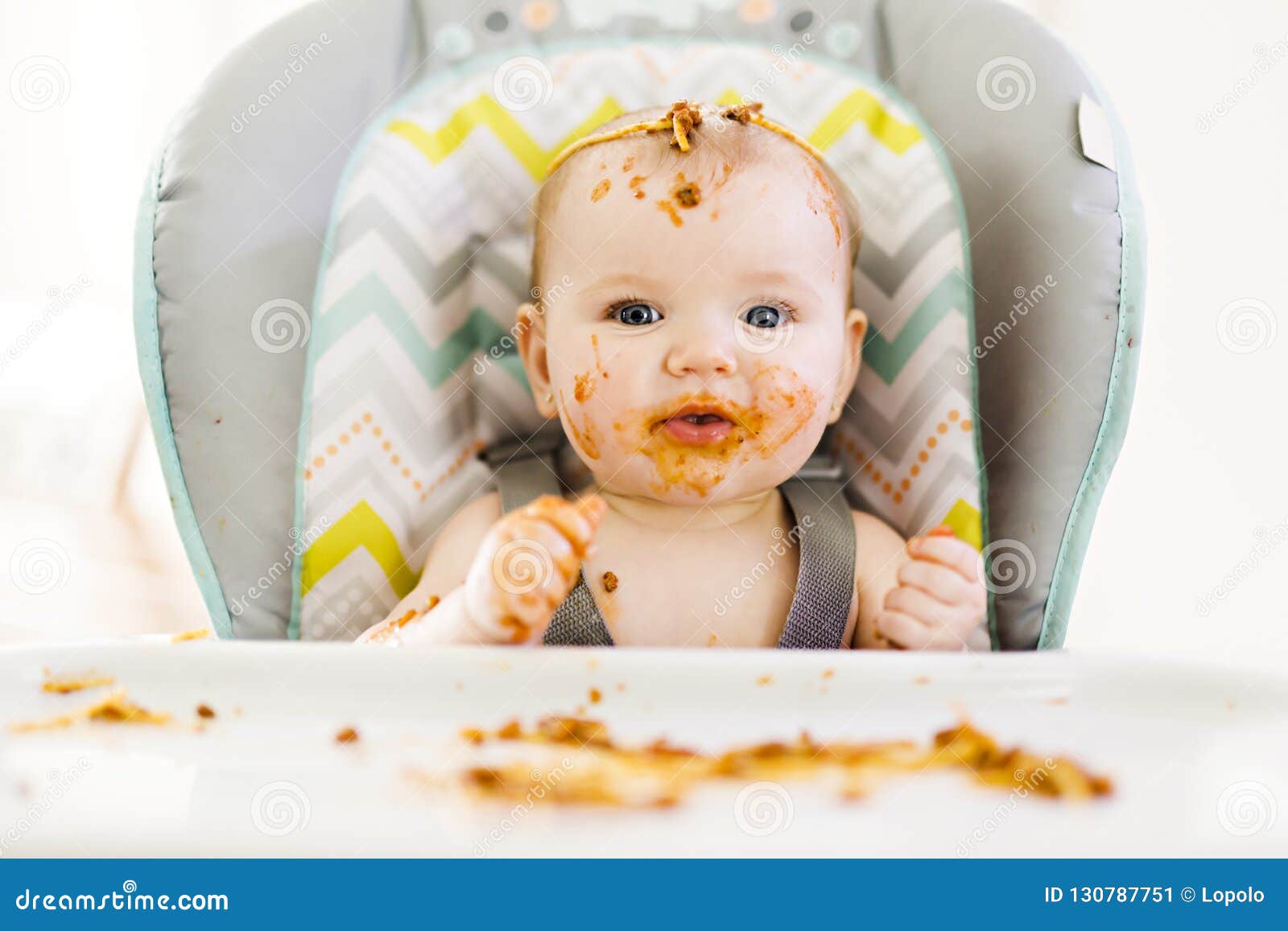 Little Baby Eating Her Dinner and Making a Mess Stock Image - Image of ...