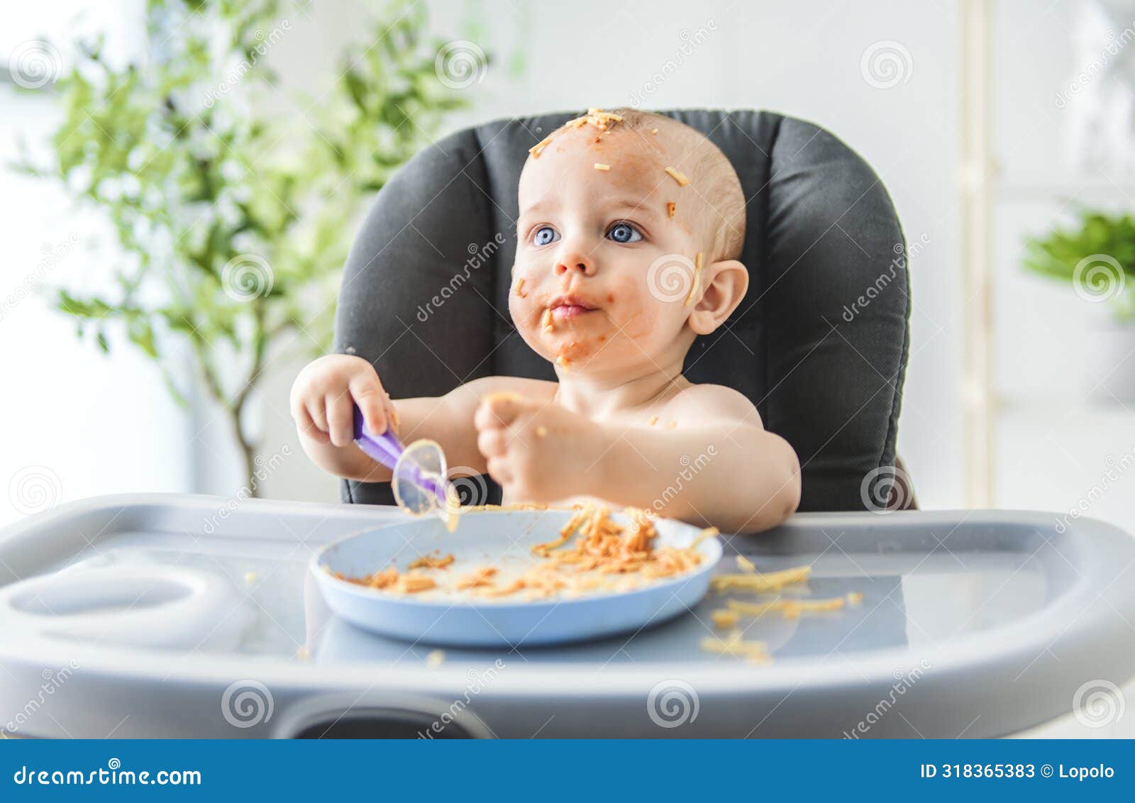 Little Baby Eating Her Dinner and Making a Mess Stock Image - Image of ...