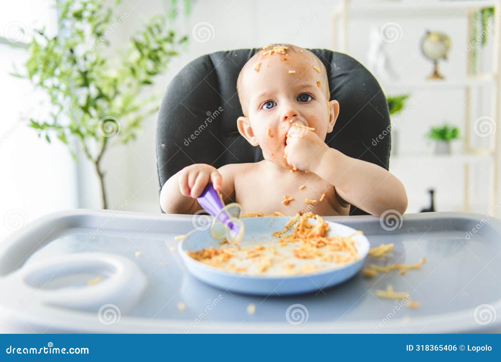 Little Baby Eating Her Dinner and Making a Mess Stock Photo - Image of ...