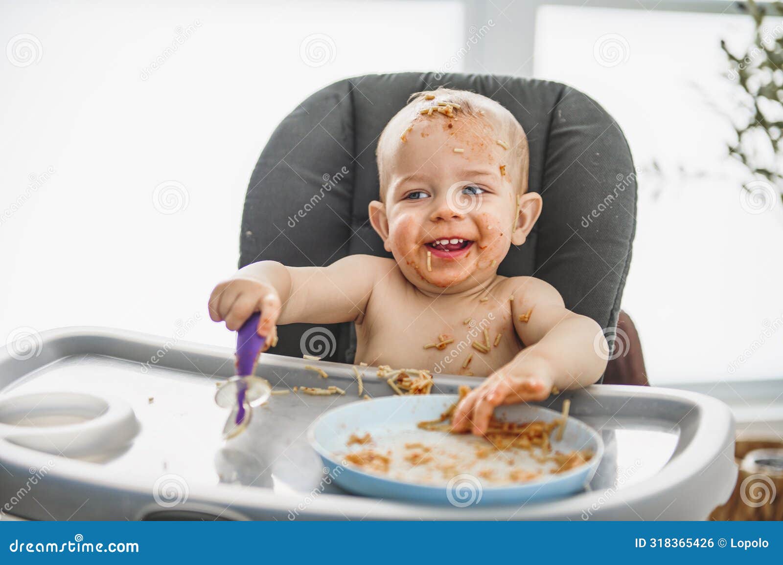 Little Baby Eating Her Dinner and Making a Mess Stock Photo - Image of ...