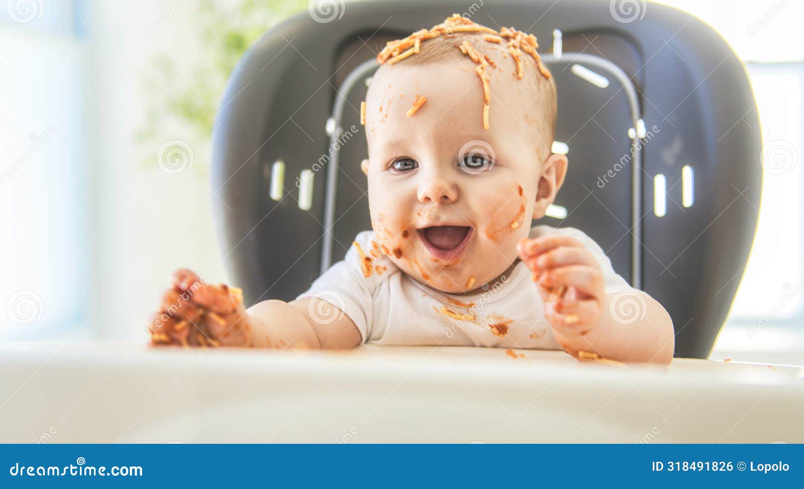 Little Baby Eating Her Dinner and Making a Mess Stock Photo - Image of ...