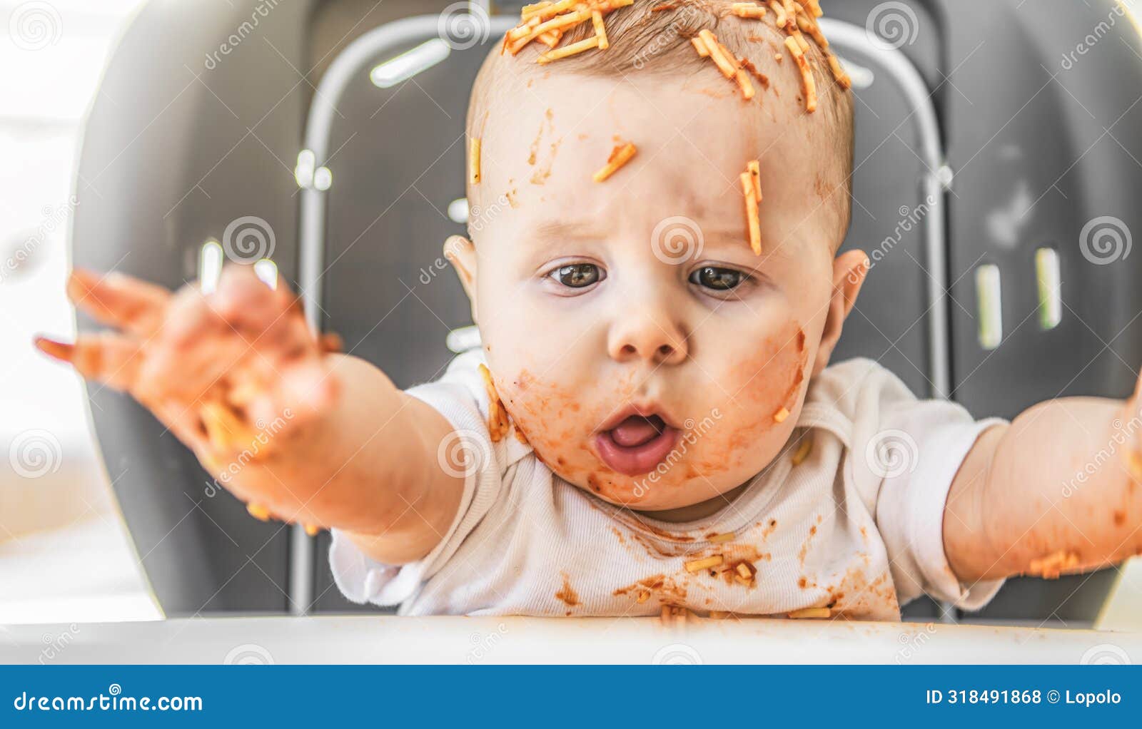 Little Baby Eating Her Dinner and Making a Mess Stock Photo - Image of ...