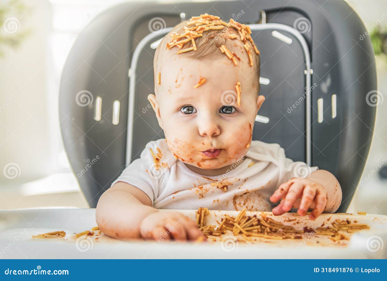 Little Baby Eating Her Dinner and Making a Mess Stock Photo - Image of ...