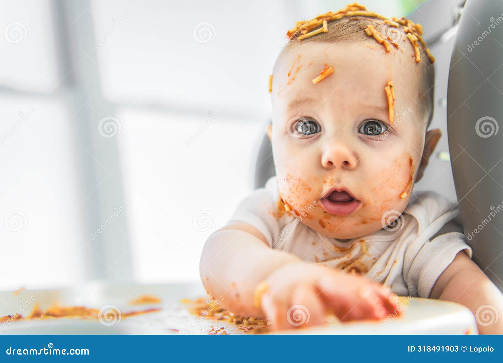 Little Baby Eating Her Dinner and Making a Mess Stock Image - Image of ...