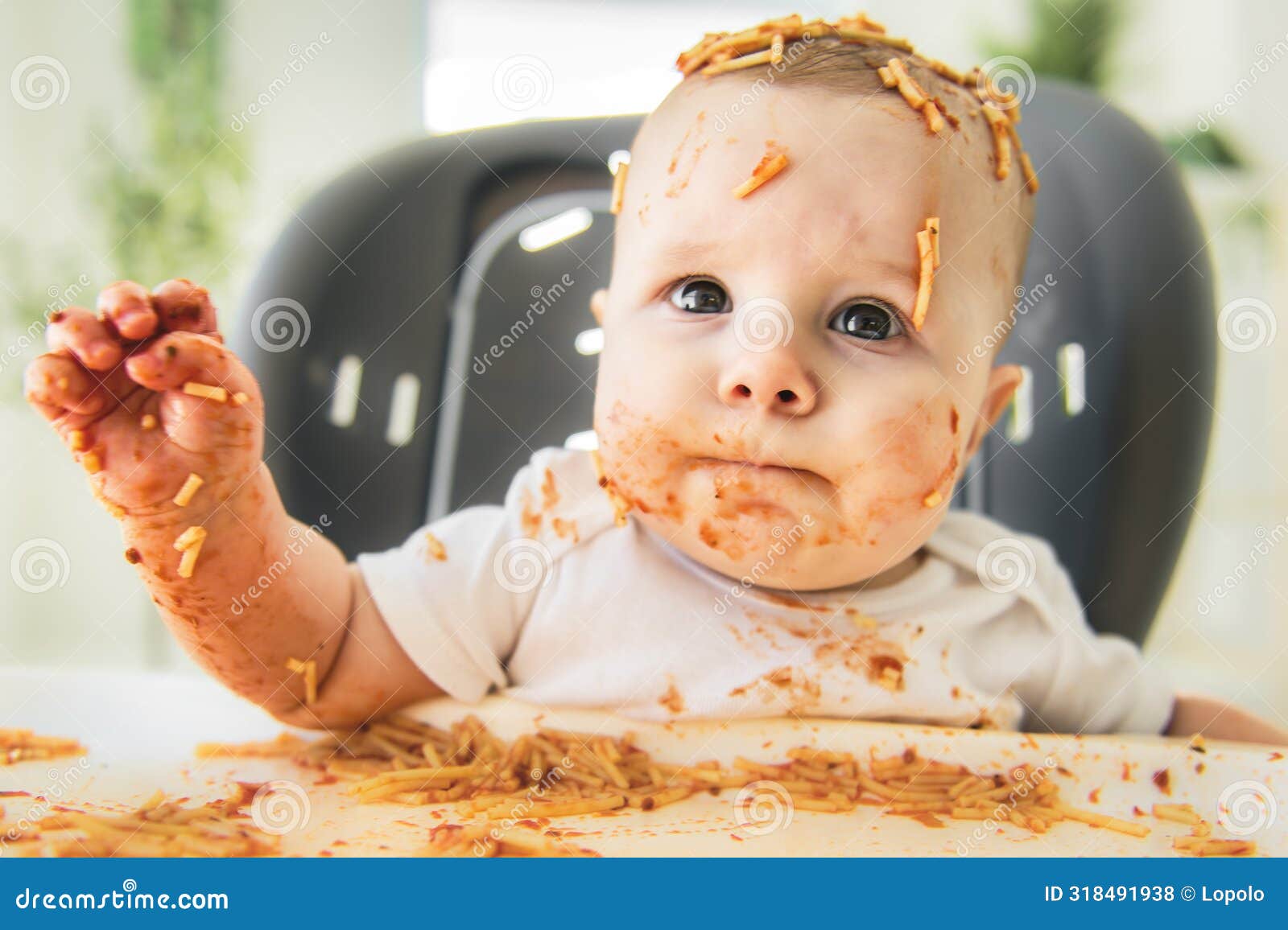 Little Baby Eating Her Dinner and Making a Mess Stock Photo - Image of ...