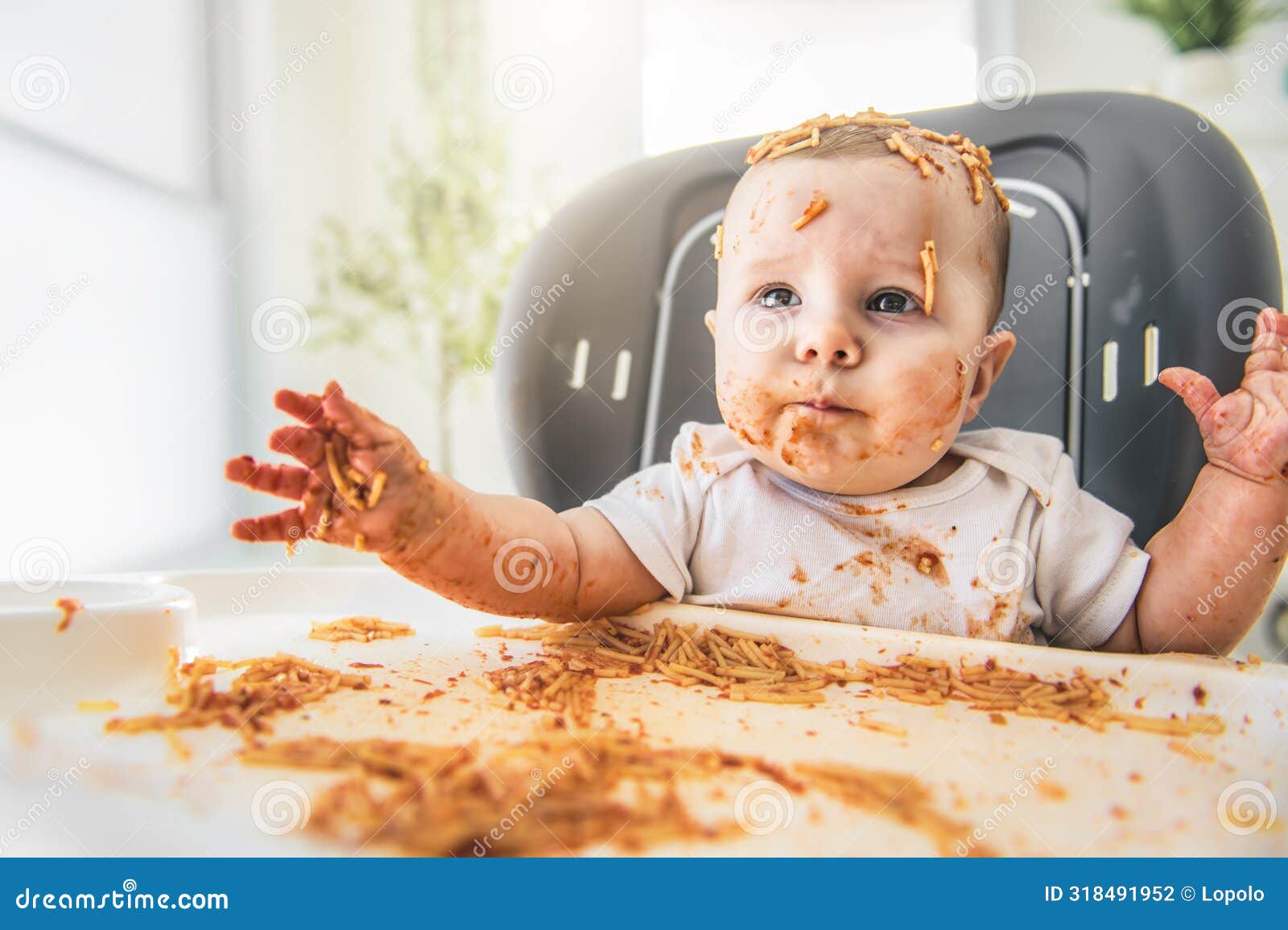 Little Baby Eating Her Dinner and Making a Mess Stock Photo - Image of ...