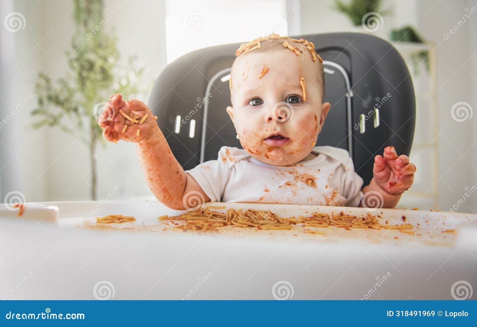 Little Baby Eating Her Dinner and Making a Mess Stock Image - Image of ...
