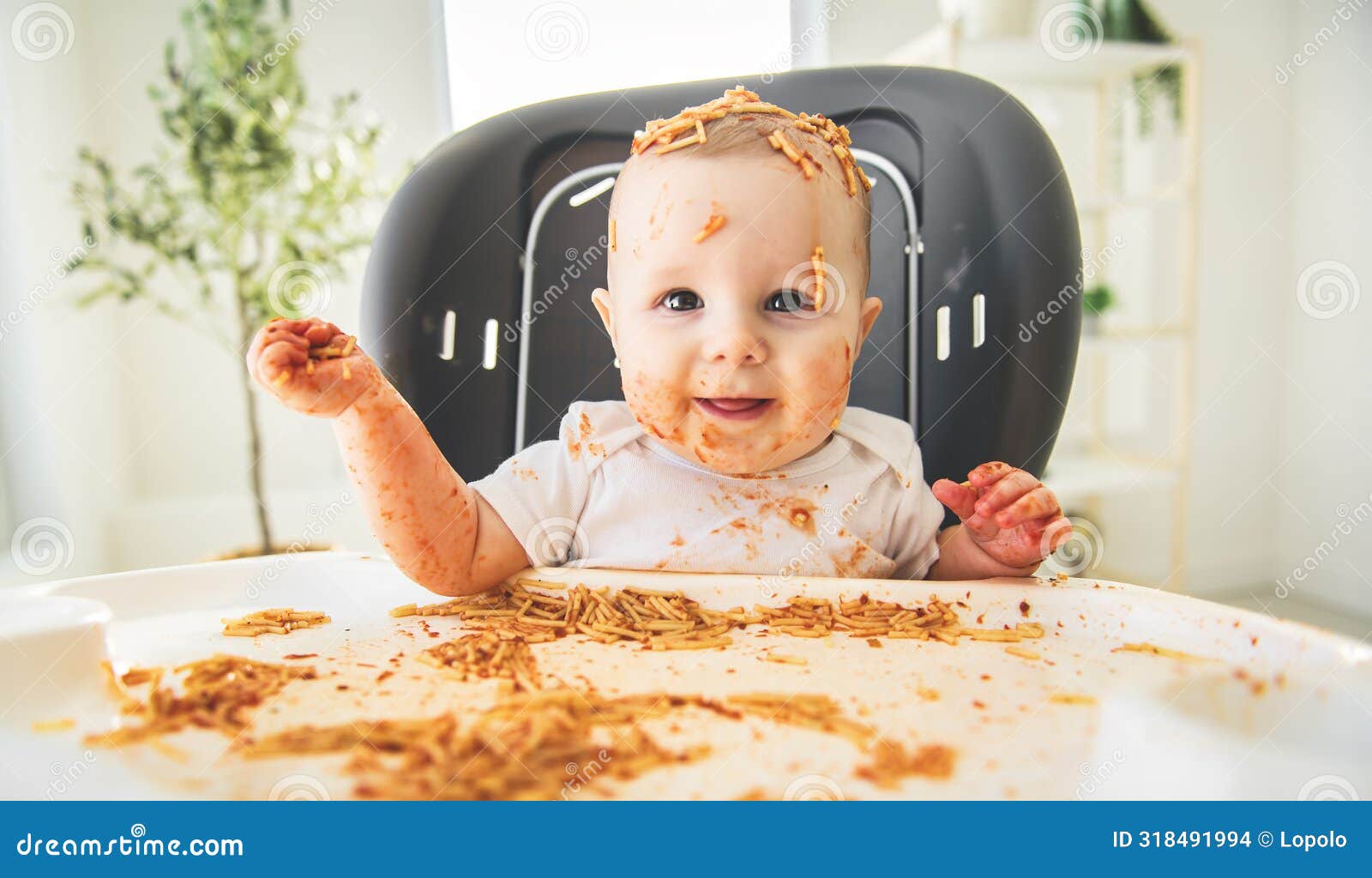 Little Baby Eating Her Dinner and Making a Mess Stock Photo - Image of ...